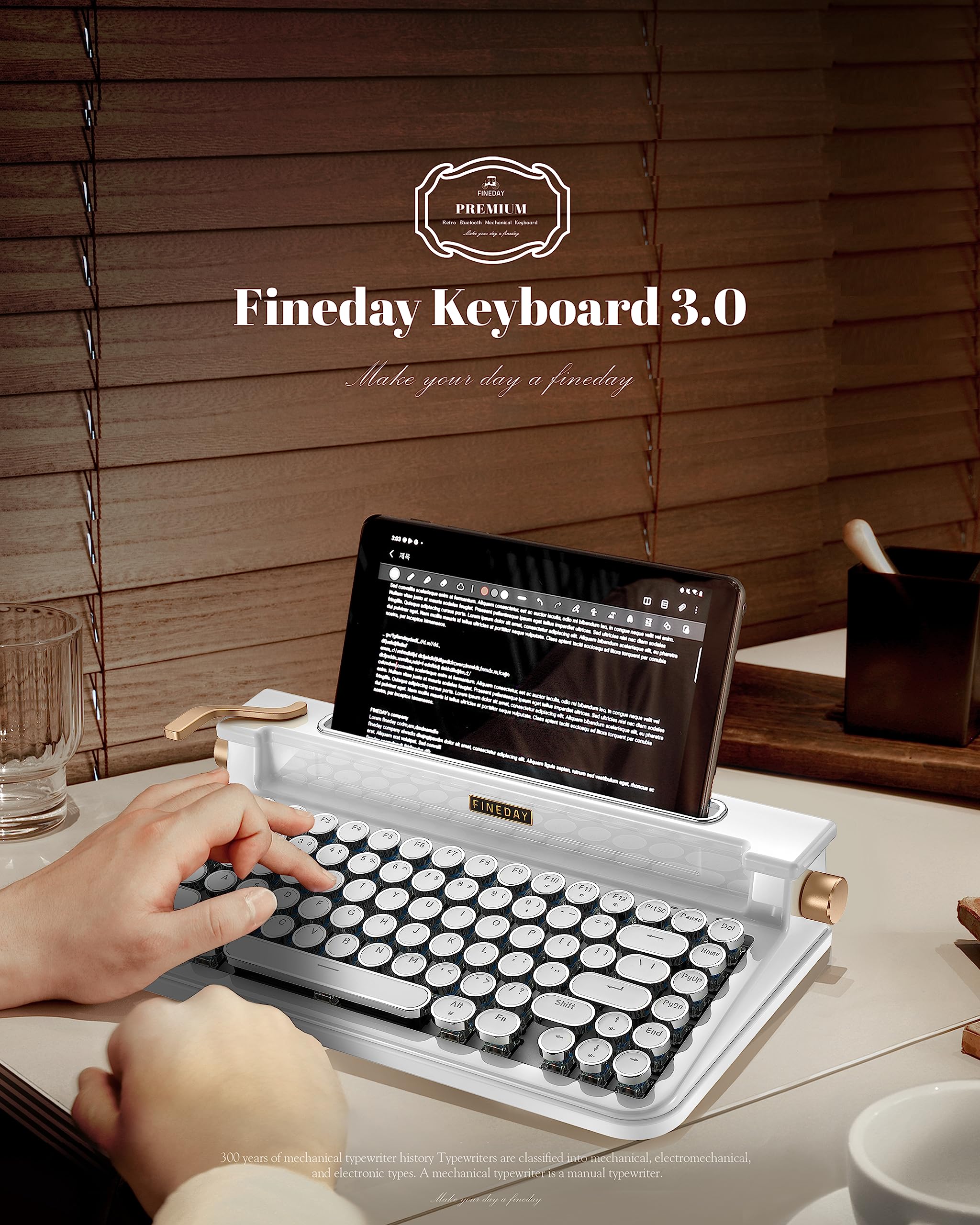 FINEDAY Keyboard 3.0, Blue Switch, Retro Mechanical Keyboard, Typewriter Designed, Bluetooth 5.0 & USB up to 4 Devices, for Desktop PC/Laptop Mac/Phone (83 ABS Keycap - White)