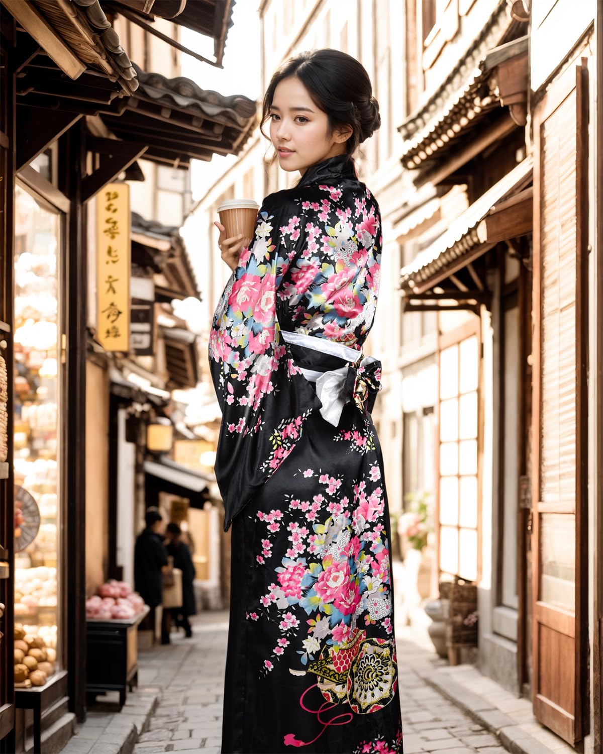 PLULON 5Pcs Japanese Robe Geisha Yukata Dress Blossom Satin Bathrobe with Drawstring Bag Hand Fan Hairpin Tabi Socks Set for Women
