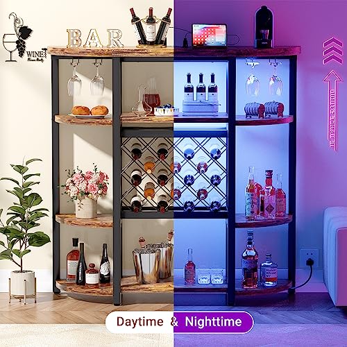 Unikito Wine Rack Freestanding Floor with Oulet and Two LED lights, 4 Tier Industrial Wine Bar Cabinet with Display Shelf, Bar Stand For Liquor, Wine Stand For Kitchen Dining Living Room, Rustic Brown
