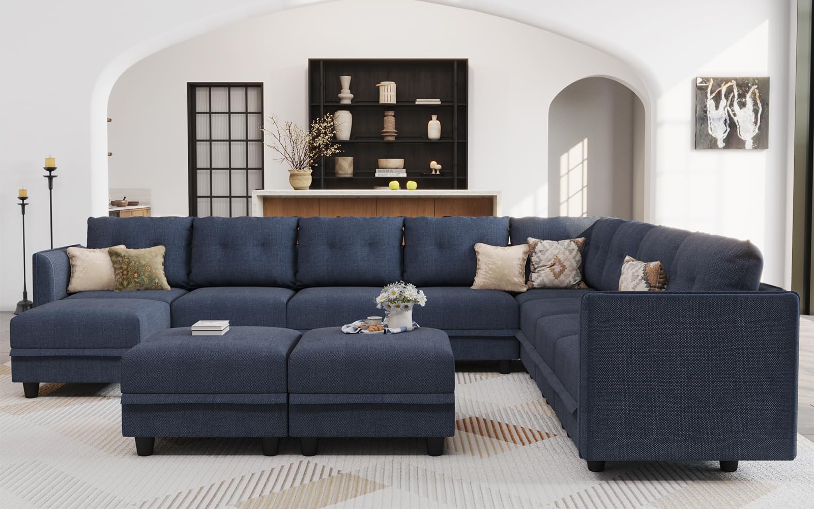 LLappuil Modular Sectional Sofa with Storage Oversized U Shaped Couch with Reversible Chaise Luxury Velvet Sofas for Living Room 9 Seats with 2 Ottomans Denim Blue