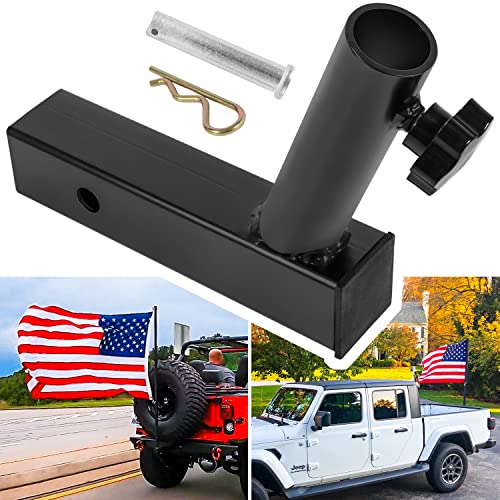 Universal Hitch Mount Flag Pole Holder Flagpole Bracket for Jeep Trailer Car Truck SUV RV Pickup Camper Fits Standard 2 inch Hitch Receivers with Anti-Wobble Screw Heavy Duty Black Powder (Single)