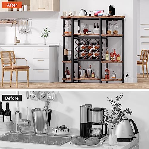 Unikito Wine Rack Freestanding Floor with Oulet and Two LED lights, 4 Tier Industrial Wine Bar Cabinet with Display Shelf, Bar Stand For Liquor, Wine Stand For Kitchen Dining Living Room, Rustic Brown