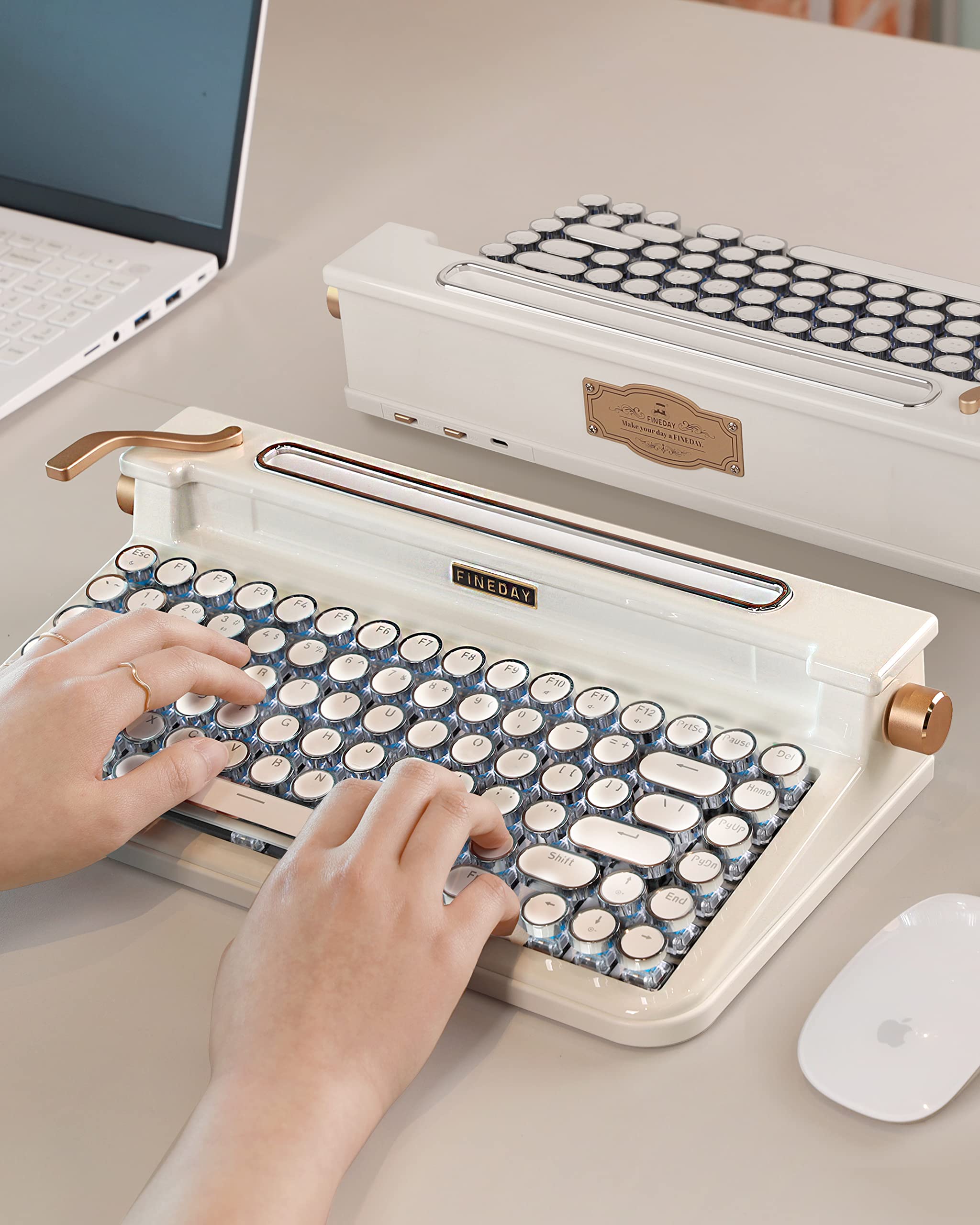 FINEDAY Keyboard 3.0, Blue Switch, Retro Mechanical Keyboard, Typewriter Designed, Bluetooth 5.0 & USB up to 4 Devices, for Desktop PC/Laptop Mac/Phone (83 ABS Keycap - White)