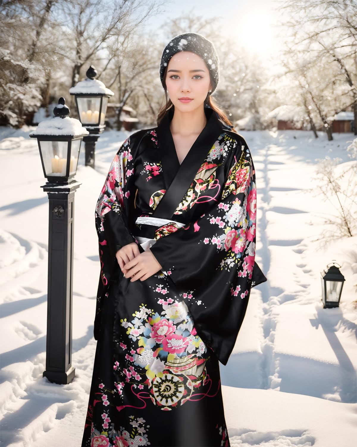 PLULON 5Pcs Japanese Robe Geisha Yukata Dress Blossom Satin Bathrobe with Drawstring Bag Hand Fan Hairpin Tabi Socks Set for Women