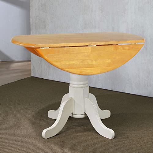 Sunset Trading Oakley Selections 42" Round Extendable Drop Leaf Table | Antique White/Light Oak Solid Wood| Seats 4 | Dining Room Kitchen Furniture