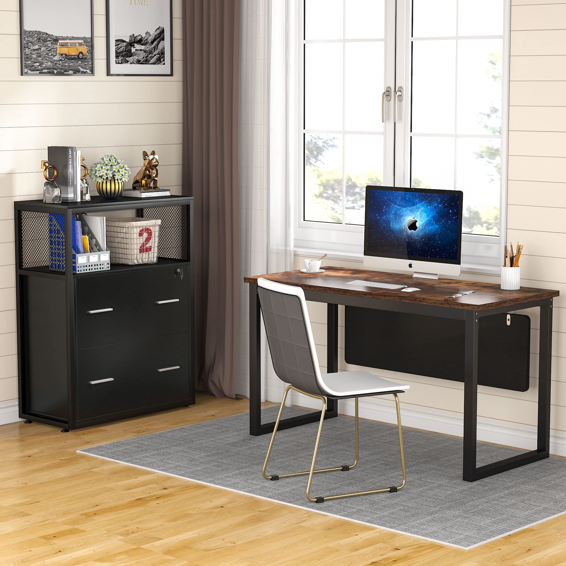 TRIBESIGNS WAY TO ORIGIN 2 Drawer File Cabinet with Lock, Large Lateral Filing Cabinet for Letter/Legal / A4 Size, Wood Printer Stand with Open Storage Shelves for Home Office (Black)