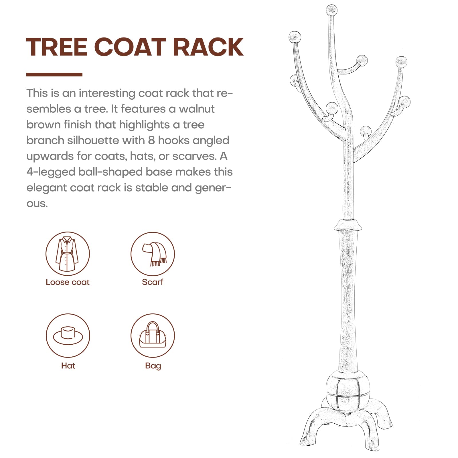 Coat Rack Freestanding Wood Coat Tree Rack with 8 Hooks, Creative Design Tree Branch-look, Standing Coat Rack Clothes Hanger Stand with Stury Base for Entryway, Hallway, Bedroom - Load 160lb (Walnut)