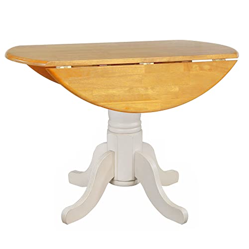 Sunset Trading Oakley Selections 42" Round Extendable Drop Leaf Table | Antique White/Light Oak Solid Wood| Seats 4 | Dining Room Kitchen Furniture