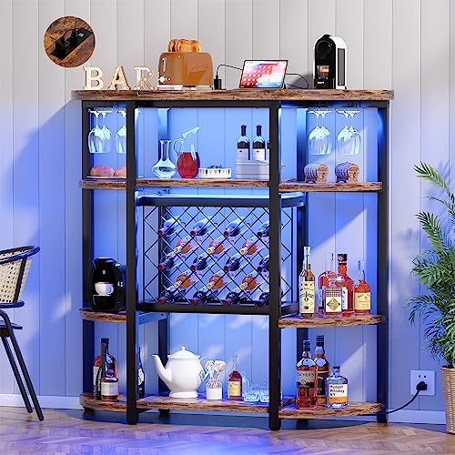Unikito Wine Rack Freestanding Floor with Oulet and Two LED lights, 4 Tier Industrial Wine Bar Cabinet with Display Shelf, Bar Stand For Liquor, Wine Stand For Kitchen Dining Living Room, Rustic Brown
