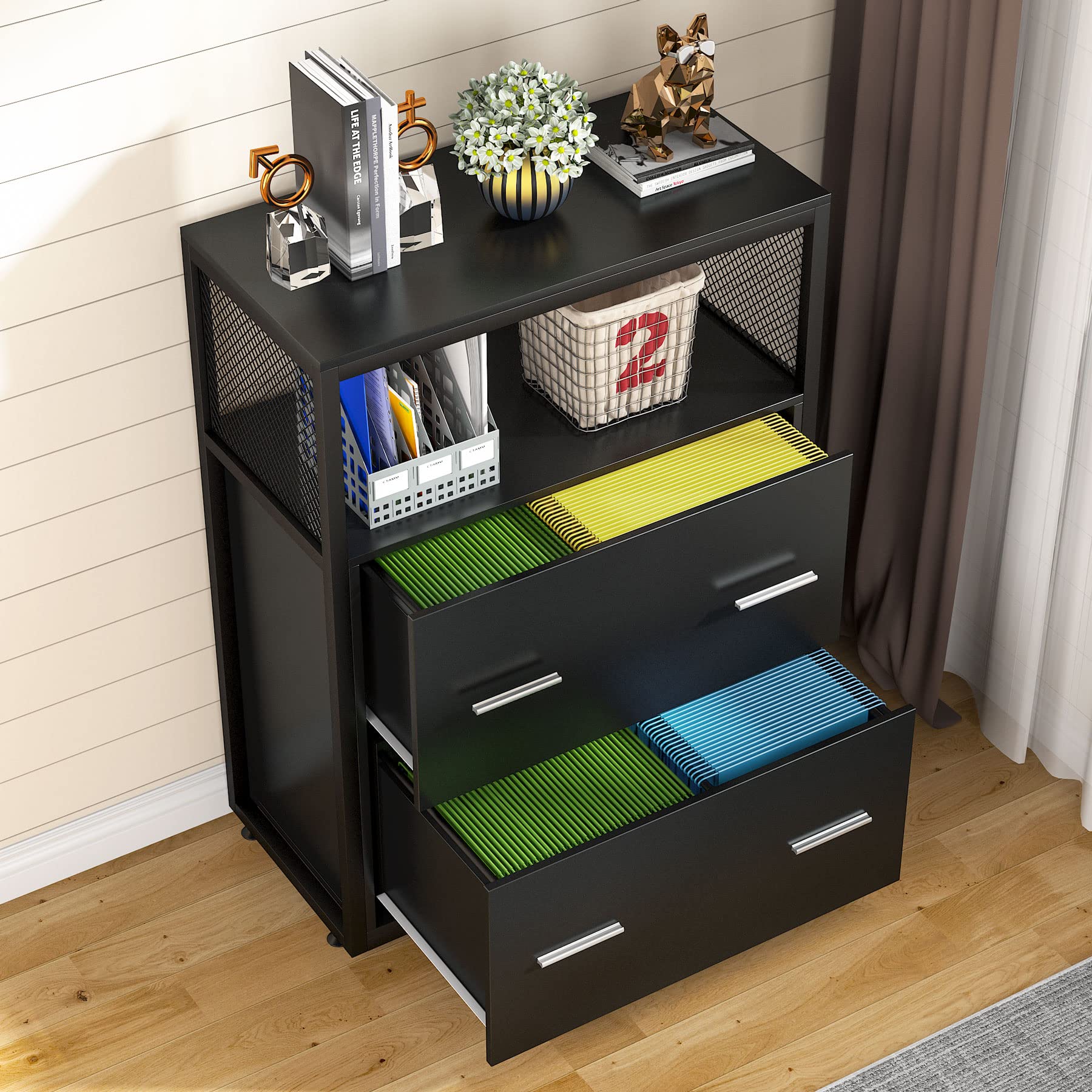 TRIBESIGNS WAY TO ORIGIN 2 Drawer File Cabinet with Lock, Large Lateral Filing Cabinet for Letter/Legal / A4 Size, Wood Printer Stand with Open Storage Shelves for Home Office (Black)