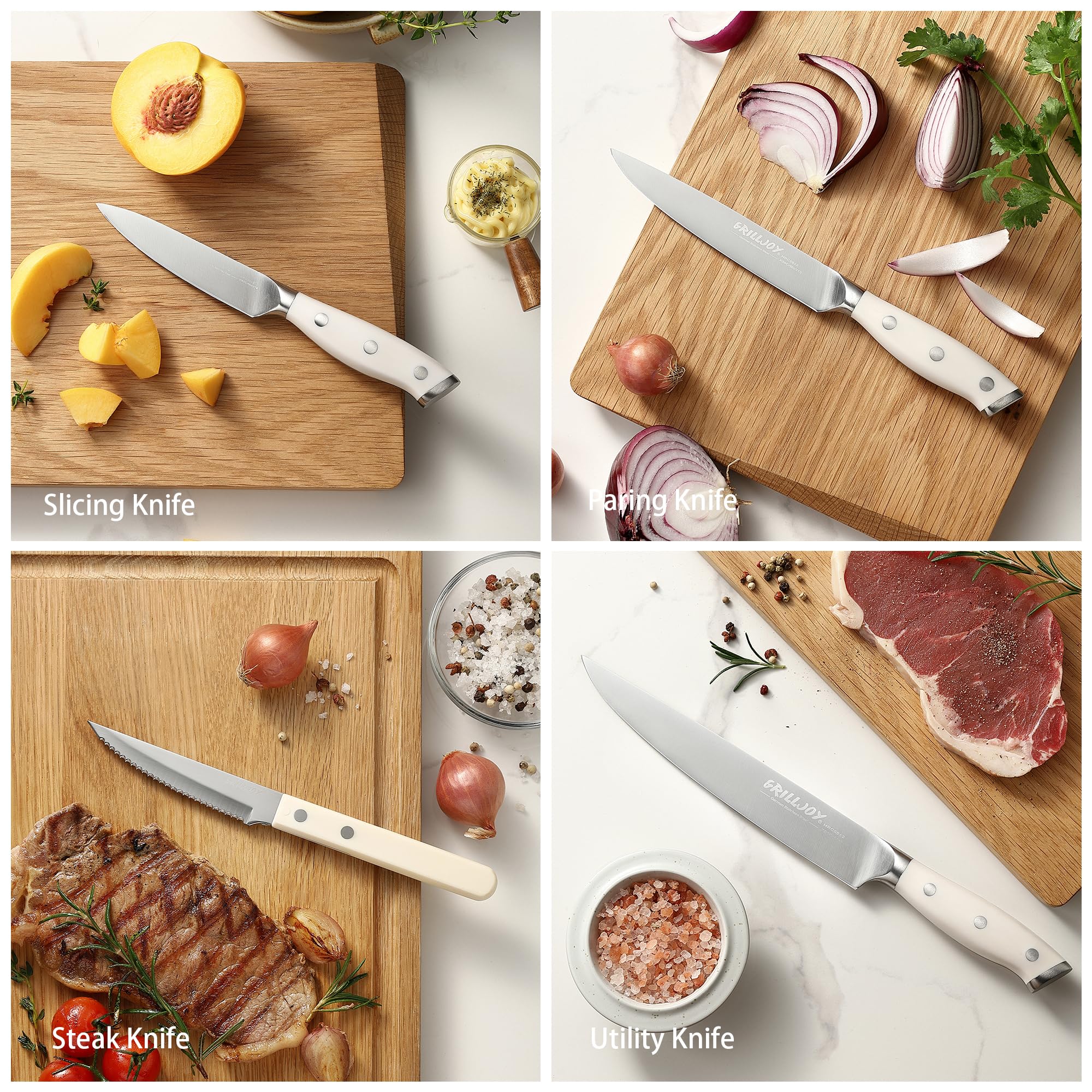 grilljoy 17PCS Premium Knife Set With In-drawer Knife Block, High Carbon Stainless Steel Cutlery Knife Block Set, Versatile Chef Knife Set for Daily Kitchen Use, White