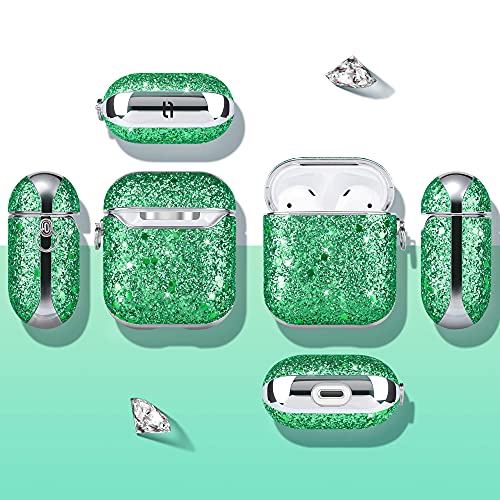 Imguardz AirPods Case for Women Girls, Luxury Bling Case for AirPods 2nd Generation, Glittery Leather Hard Protective Cover with Keychain Compatible with Apple AirPods 2 & 1 (Front LED Visible), Green