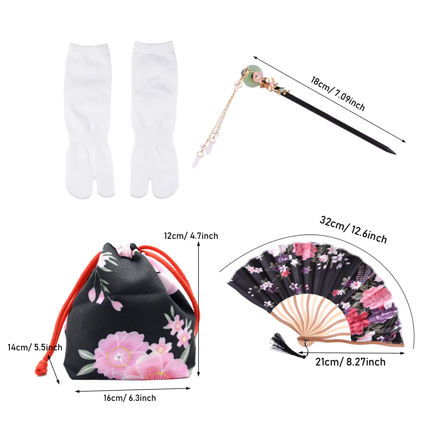 PLULON 5Pcs Japanese Robe Geisha Yukata Dress Blossom Satin Bathrobe with Drawstring Bag Hand Fan Hairpin Tabi Socks Set for Women