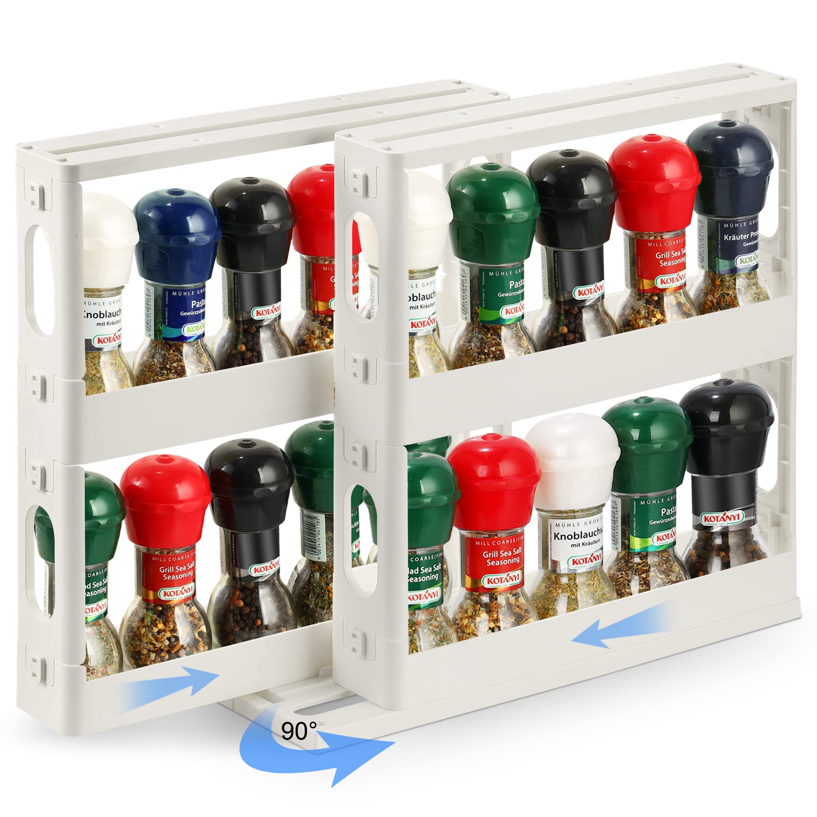 Senhuok Rotating Spice Rack Plastic Seasoning Spice Jar Rack Storage 2 Tier Pull Out Kitchen Cabinet Organiser Slide Salt Bottle Box Holder Shelf Counter Spice Stand Multi-Function Pantry Door Storage