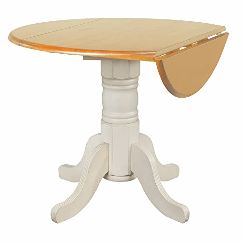 Sunset Trading Oakley Selections 42" Round Extendable Drop Leaf Table | Antique White/Light Oak Solid Wood| Seats 4 | Dining Room Kitchen Furniture