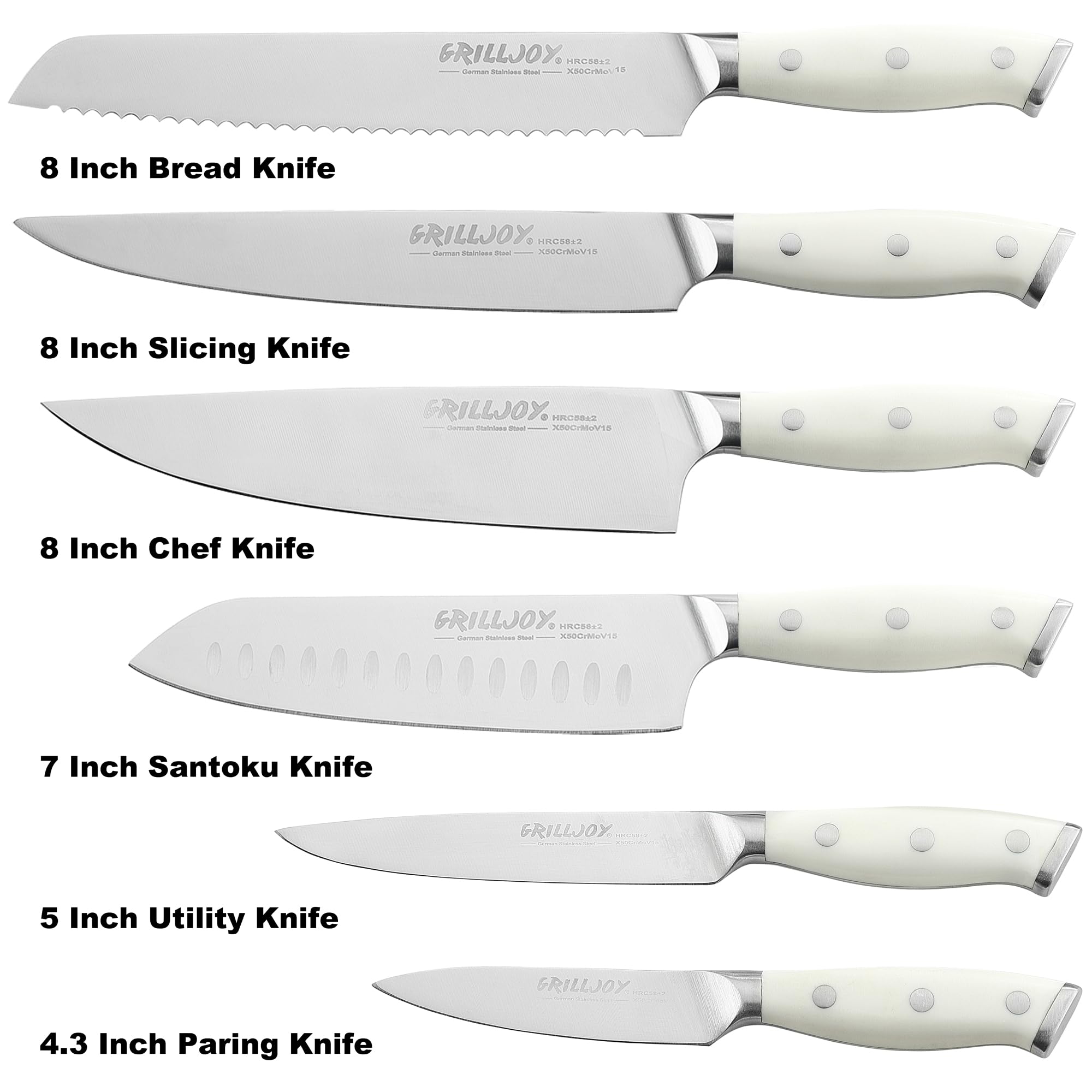 grilljoy 17PCS Premium Knife Set With In-drawer Knife Block, High Carbon Stainless Steel Cutlery Knife Block Set, Versatile Chef Knife Set for Daily Kitchen Use, White