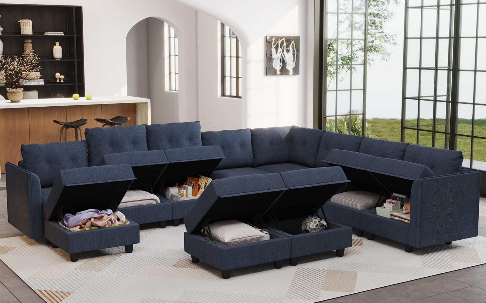 LLappuil Modular Sectional Sofa with Storage Oversized U Shaped Couch with Reversible Chaise Luxury Velvet Sofas for Living Room 9 Seats with 2 Ottomans Denim Blue