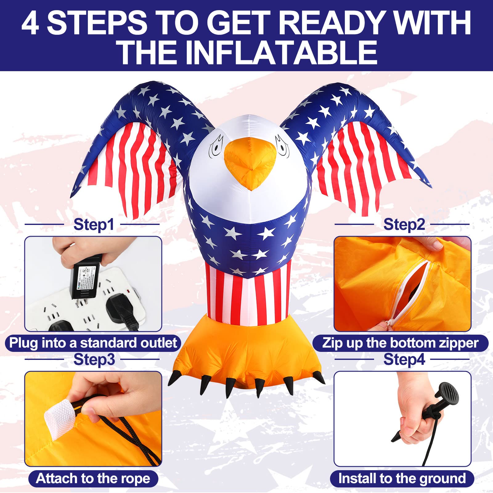 Kathfly 6FT Patriotic Inflatable Decor Independence Day American Flag Blow up Eagle Built in LED Light/Blower for Parade Veterans 4th of July Lawn Outdoor