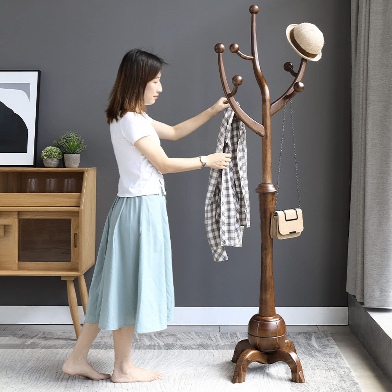 Coat Rack Freestanding Wood Coat Tree Rack with 8 Hooks, Creative Design Tree Branch-look, Standing Coat Rack Clothes Hanger Stand with Stury Base for Entryway, Hallway, Bedroom - Load 160lb (Walnut)