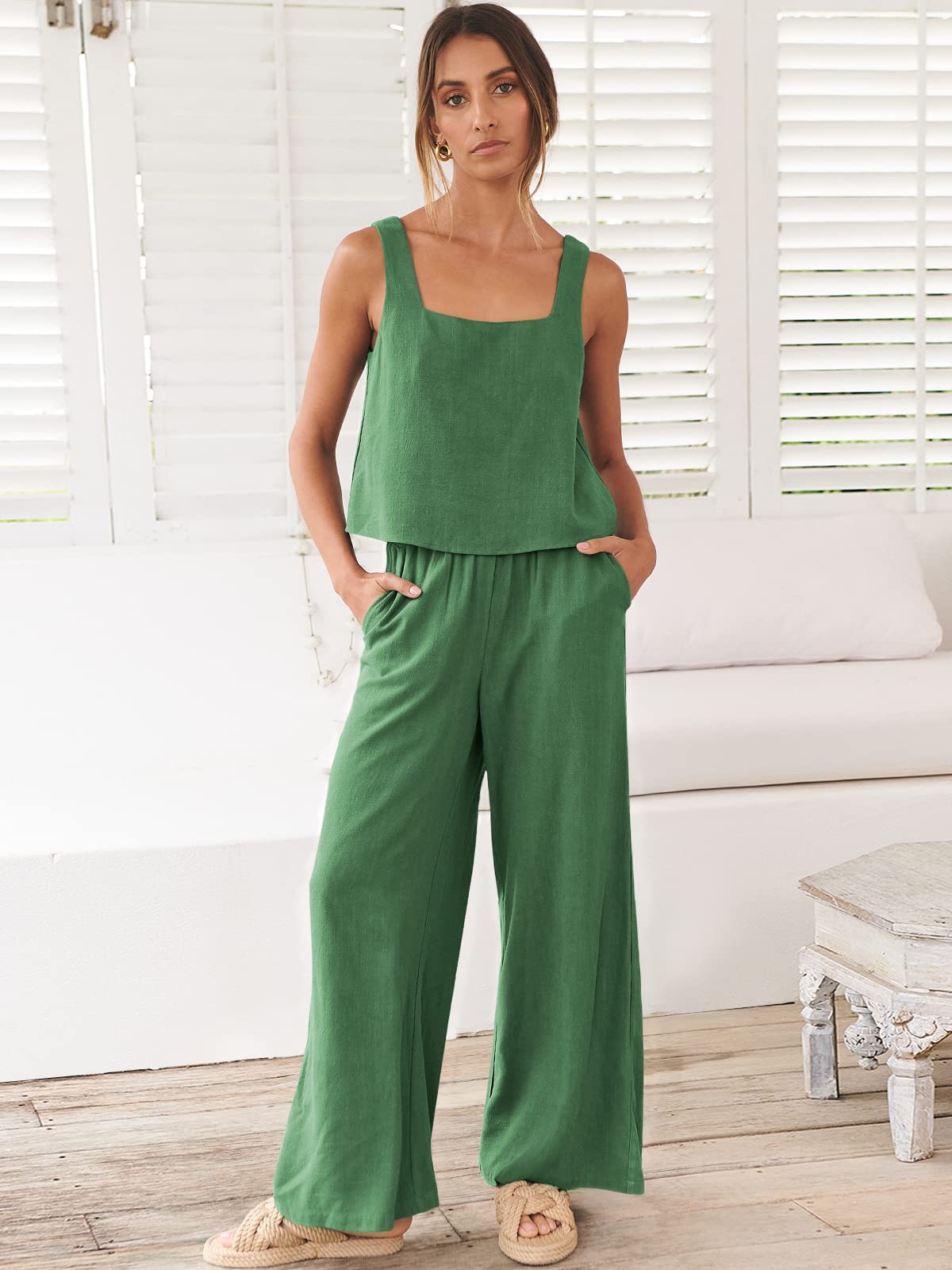 ANRABESS Women's 2 Piece Outfits Linen Pants Jumpsuit Matching Lounge Set Casual Summer Beach Vacation Trendy Clothes Grass Small