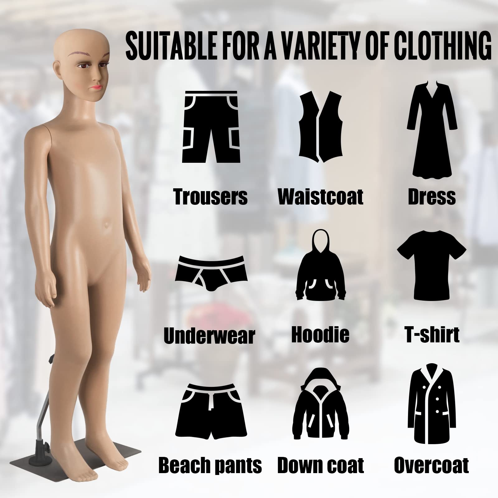 Kids Mannequin Full Body Realistic Adjustable Detachable Manikin Display Head Turns Dress Form W/Metal Base