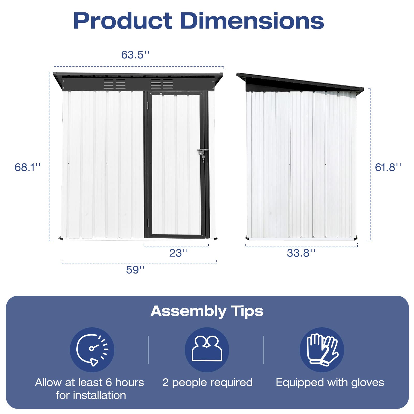 Lyromix 63.5'' × 33.8'' Metal Outdoor Storage Shed with Door & Lock, Waterproof Garden Storage Tool Shed for Backyard Patio,White Black