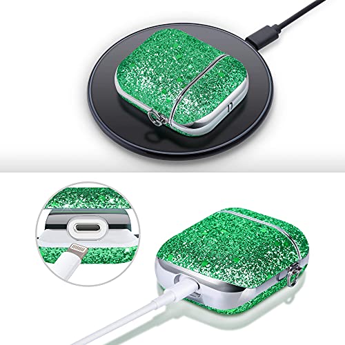 Imguardz AirPods Case for Women Girls, Luxury Bling Case for AirPods 2nd Generation, Glittery Leather Hard Protective Cover with Keychain Compatible with Apple AirPods 2 & 1 (Front LED Visible), Green