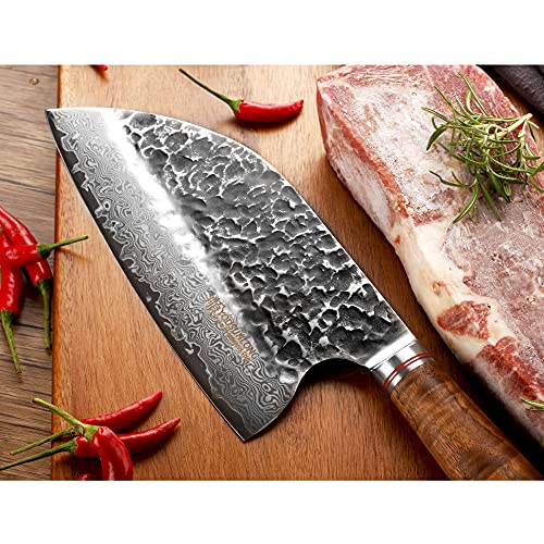 YOUSUNLONG Hybrid Cleaver Outdoor Heavy Duty Meat Cleaver 8 Inch Hammered Damascus Natural Walnut Wood Sheath with Leather