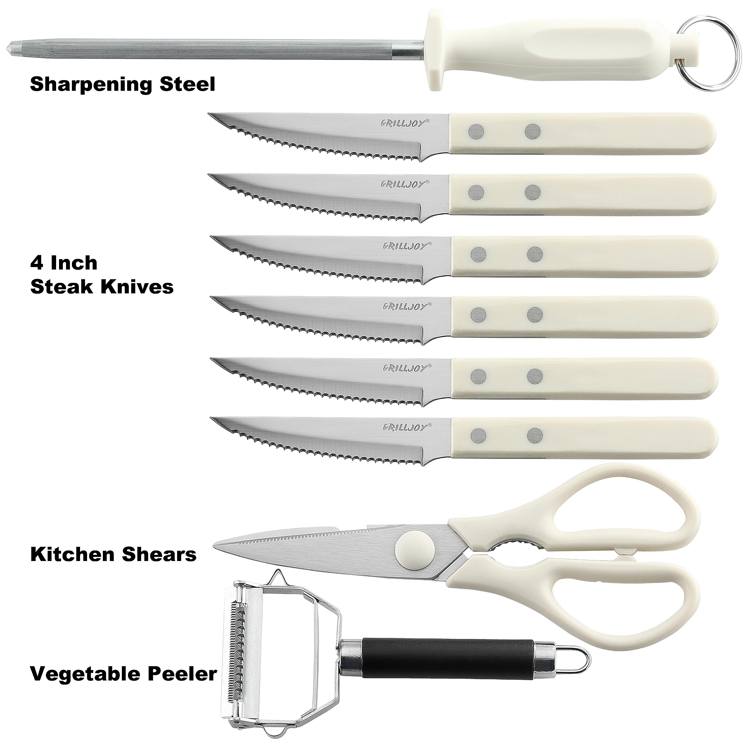 grilljoy 17PCS Premium Knife Set With In-drawer Knife Block, High Carbon Stainless Steel Cutlery Knife Block Set, Versatile Chef Knife Set for Daily Kitchen Use, White