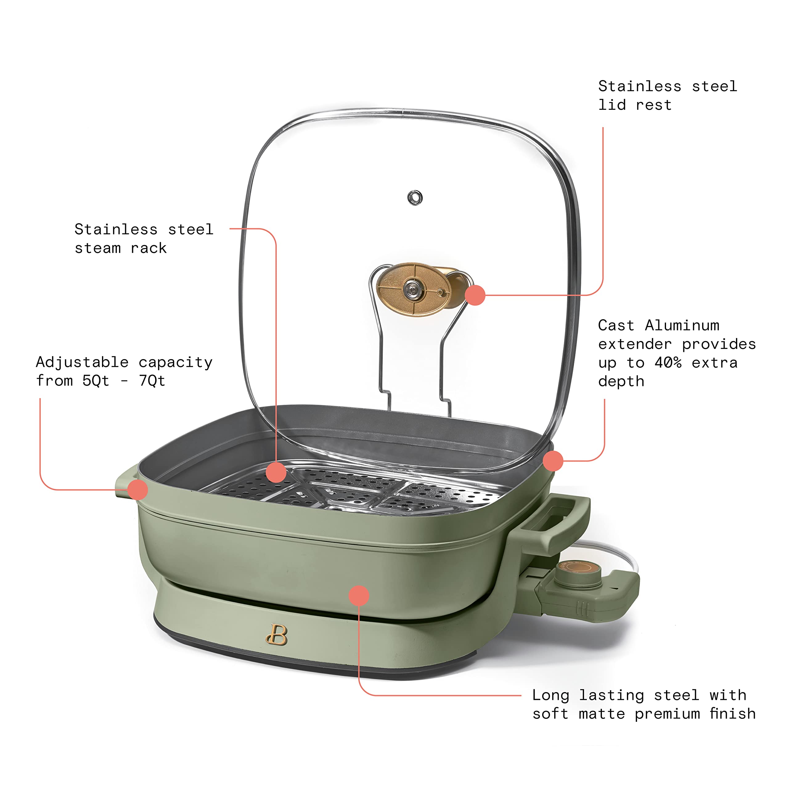 5-in-1 Electric Expandable Skillet, Sage Green by Drew Barrymore, Up to 7 QT