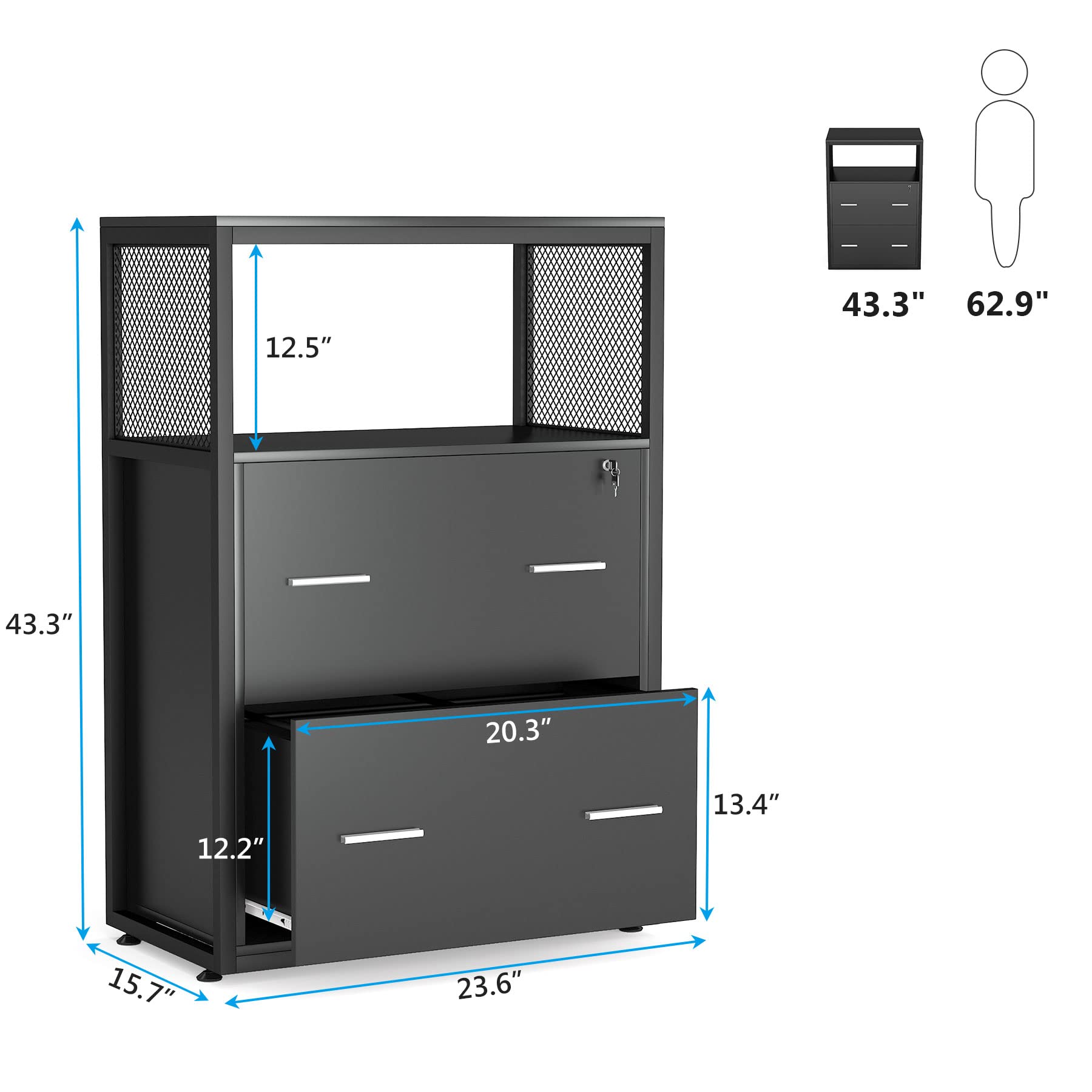 TRIBESIGNS WAY TO ORIGIN 2 Drawer File Cabinet with Lock, Large Lateral Filing Cabinet for Letter/Legal / A4 Size, Wood Printer Stand with Open Storage Shelves for Home Office (Black)
