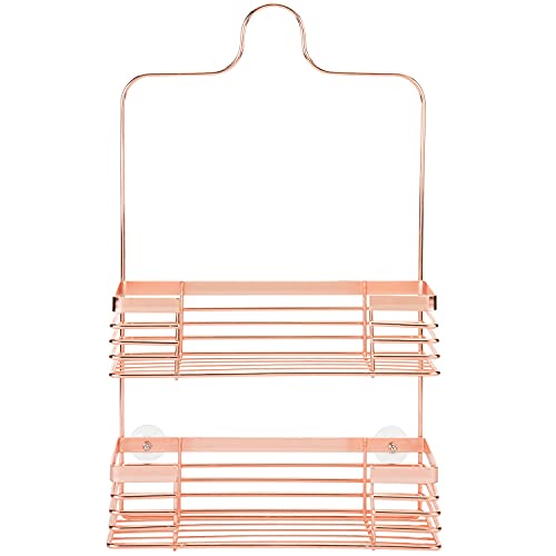 MyGift Modern Copper Metal 2 Tier Bathroom Hanging Shower Organizer, Over Head Shower Caddy Basket, Bathroom Accessories Organizer Storage Rack with Wall Suction Cups