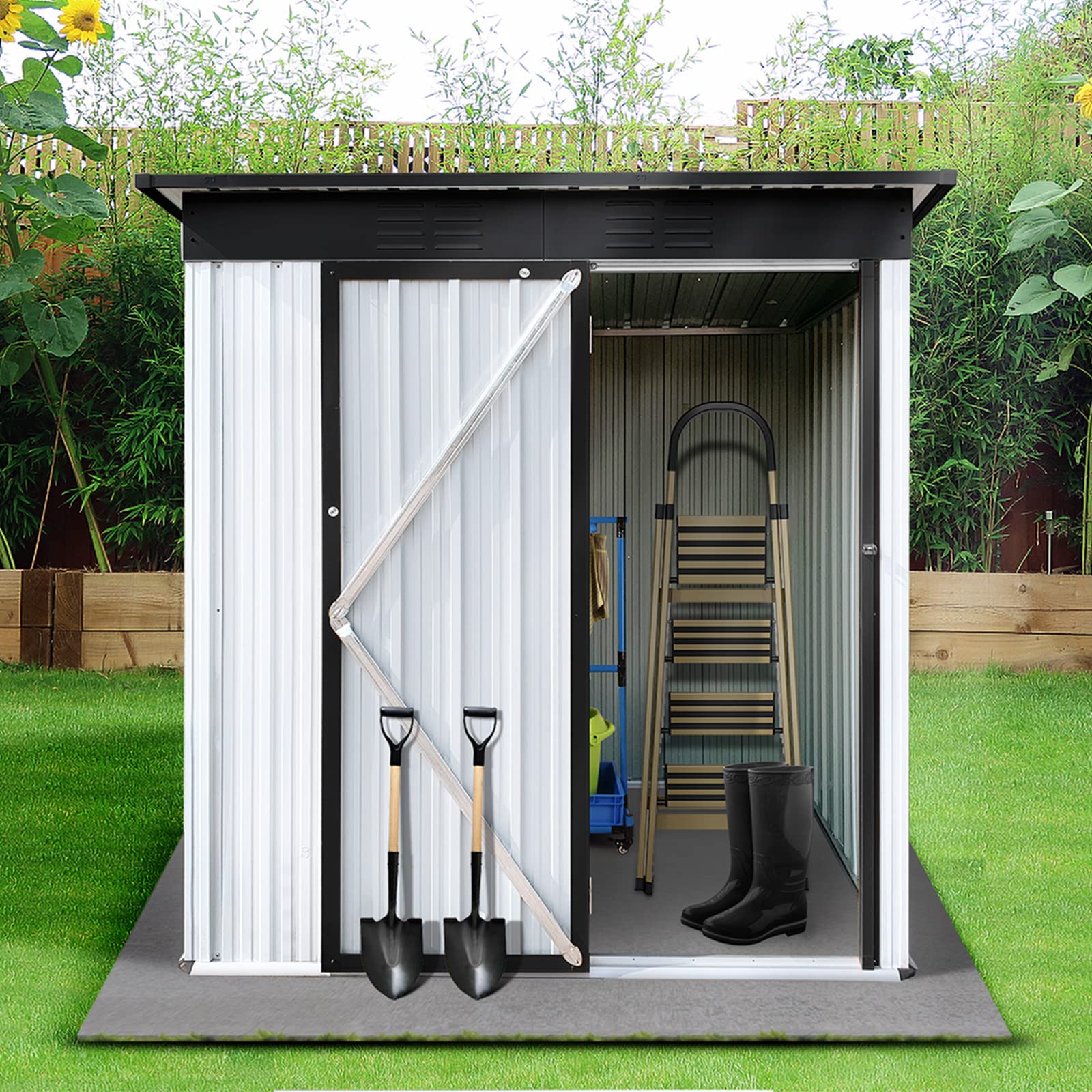 Lyromix 63.5'' Ă 33.8'' Metal Outdoor Storage Shed with Door & Lock, Waterproof Garden Storage Tool Shed for Backyard Patio,White Black