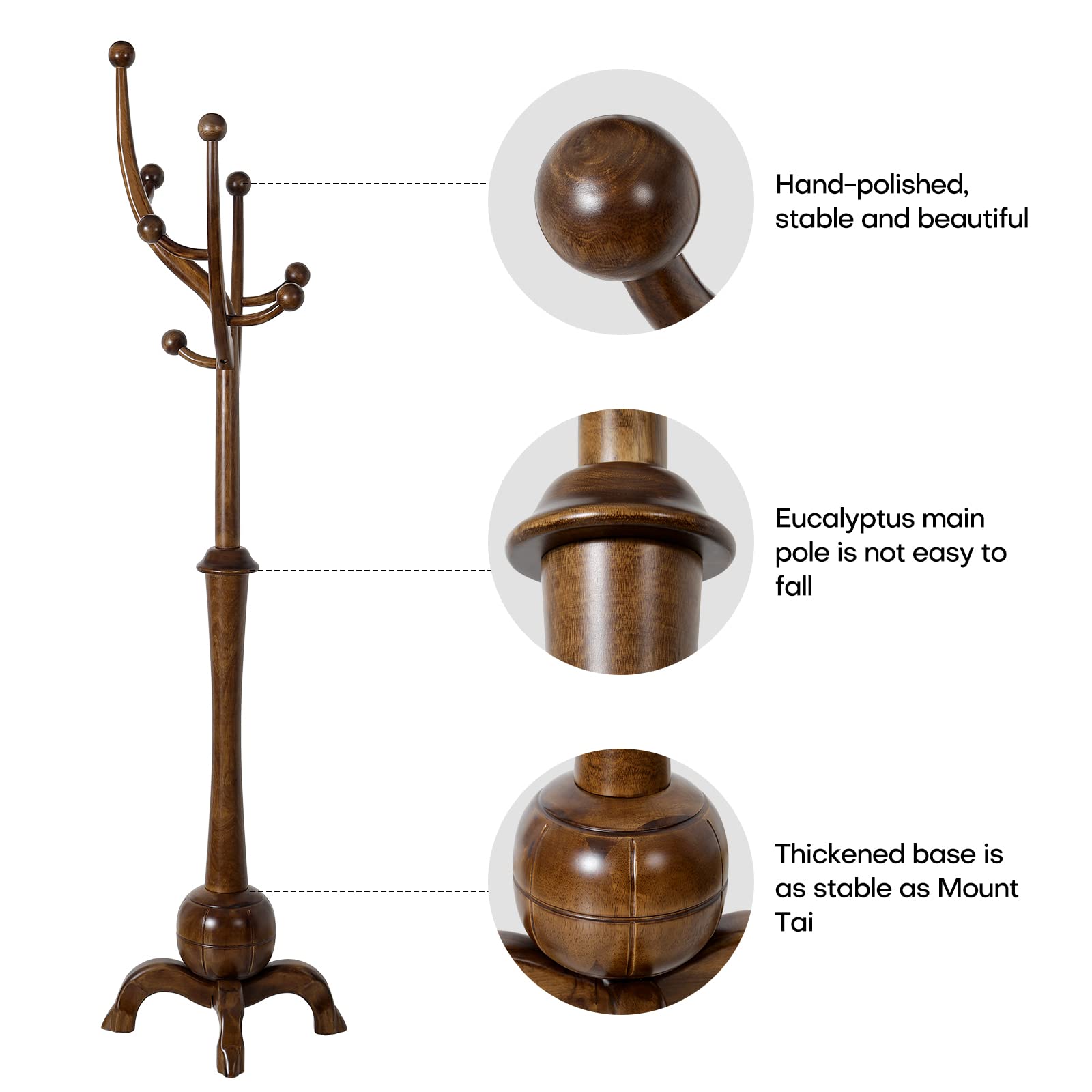 Coat Rack Freestanding Wood Coat Tree Rack with 8 Hooks, Creative Design Tree Branch-look, Standing Coat Rack Clothes Hanger Stand with Stury Base for Entryway, Hallway, Bedroom - Load 160lb (Walnut)