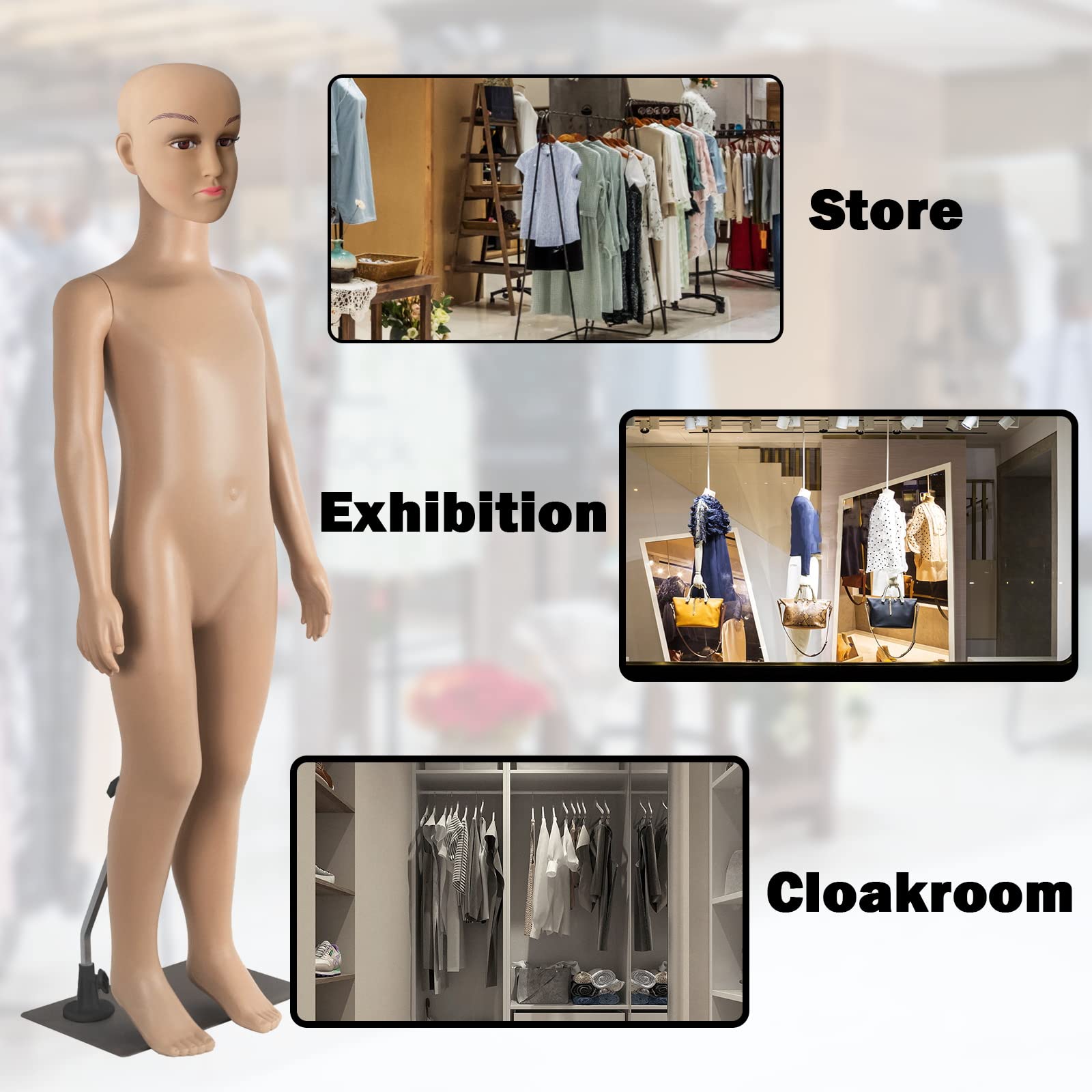 Kids Mannequin Full Body Realistic Adjustable Detachable Manikin Display Head Turns Dress Form W/Metal Base
