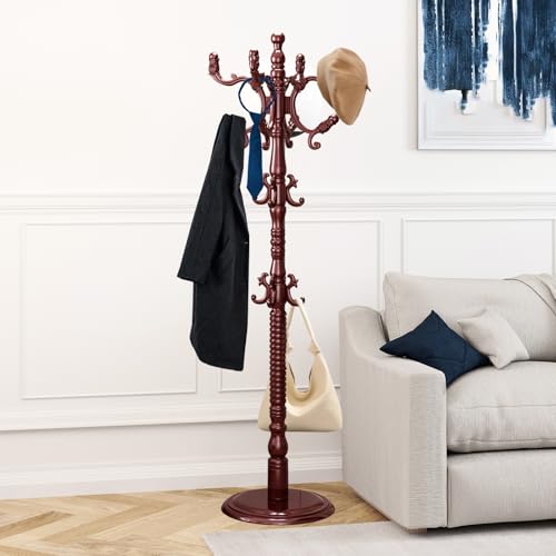 XIMSPHY Coat Rack Freestanding, Wooden Tree Coat Racks with Sturdy Round Base and 14 Hooks, Mahogany Vintage Coat Rack for Bedroom Living Room Office, for Hats Bags Coats, 185x43cm