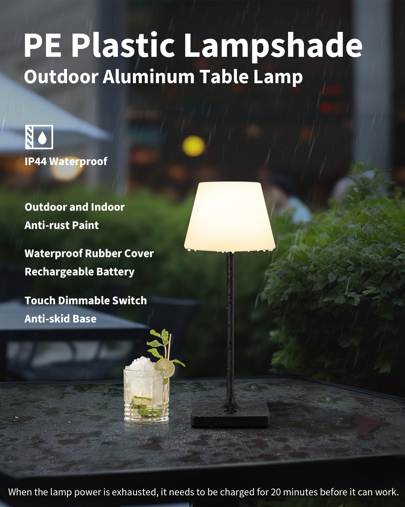 VISDANFO Outdoor Cordless Portable Table Lamp,5000mAh Rechargeable Battery Operated Dimming LED Desk Lamp,IP44 Waterproof,Modern Night Light for Camping Restaurant Bedroom Bars Home Party(Black)