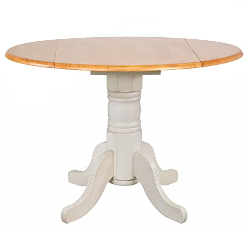 Sunset Trading Oakley Selections 42" Round Extendable Drop Leaf Table | Antique White/Light Oak Solid Wood| Seats 4 | Dining Room Kitchen Furniture