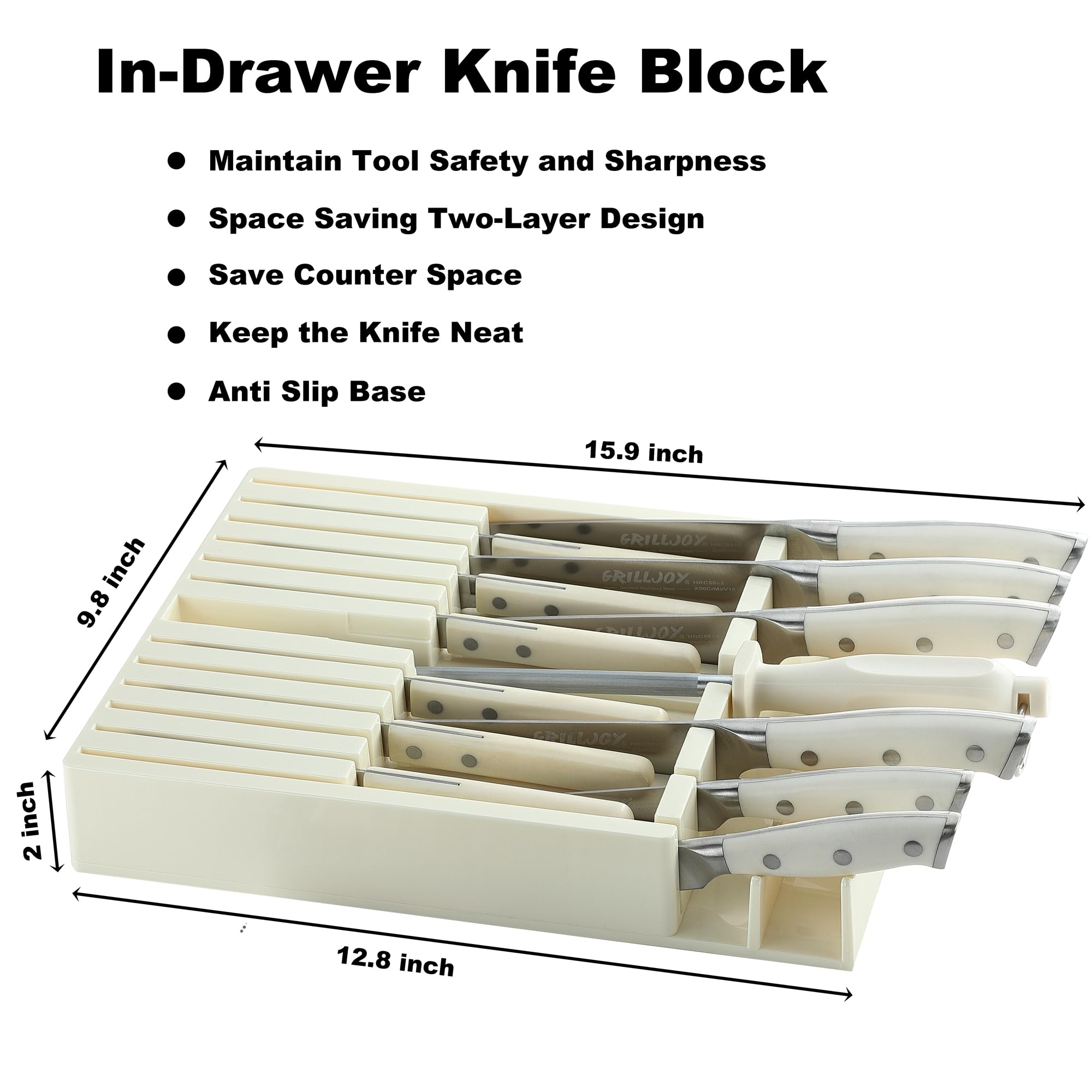 grilljoy 17PCS Premium Knife Set With In-drawer Knife Block, High Carbon Stainless Steel Cutlery Knife Block Set, Versatile Chef Knife Set for Daily Kitchen Use, White