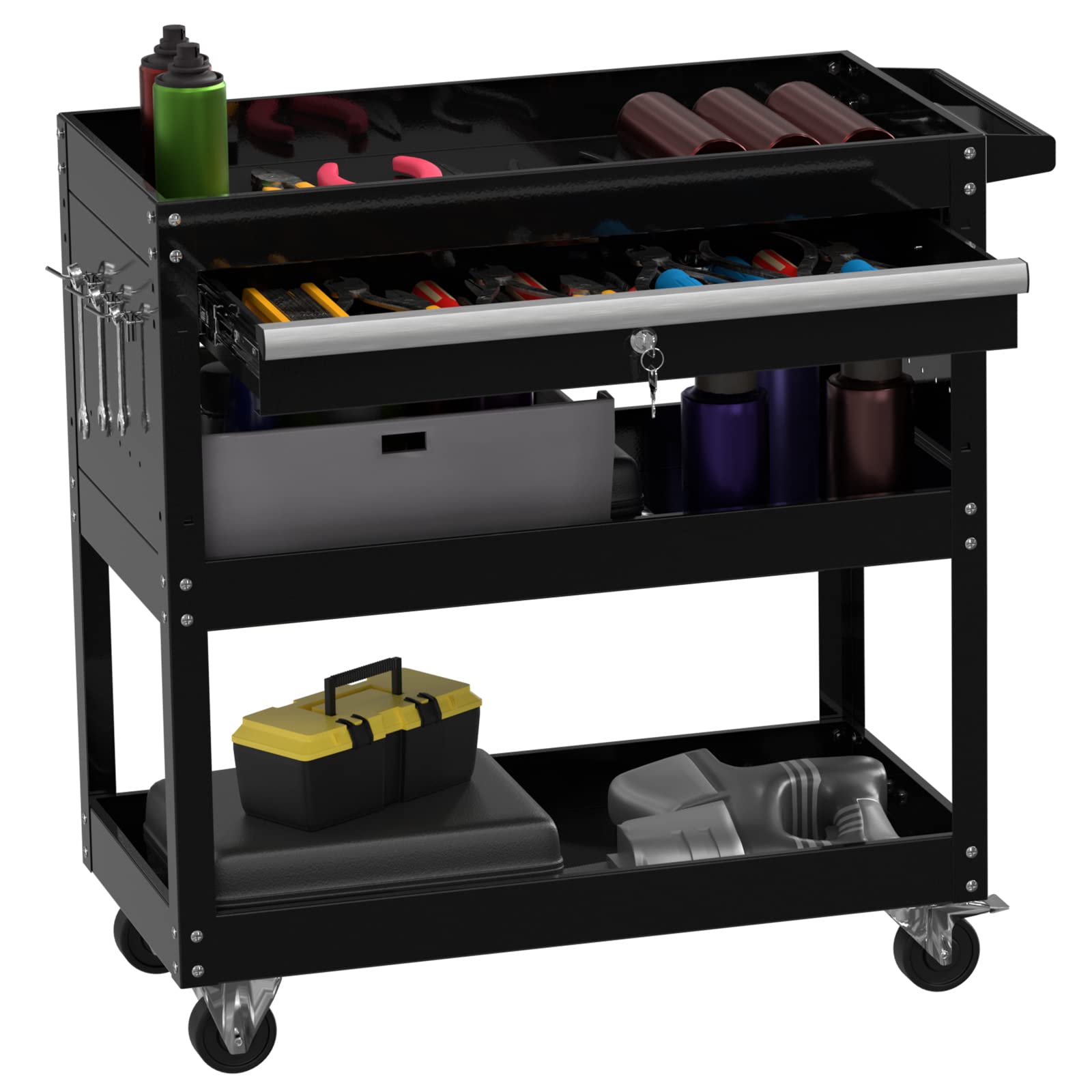 3-Tray Rolling Tool Cart,330 LBS Capacity Utility Tool Cart on Wheels with Lockable Drawers, 3 Tier Utility Tool Organizer Cart for Garage, Warehouse, Workshop & Repair Shop