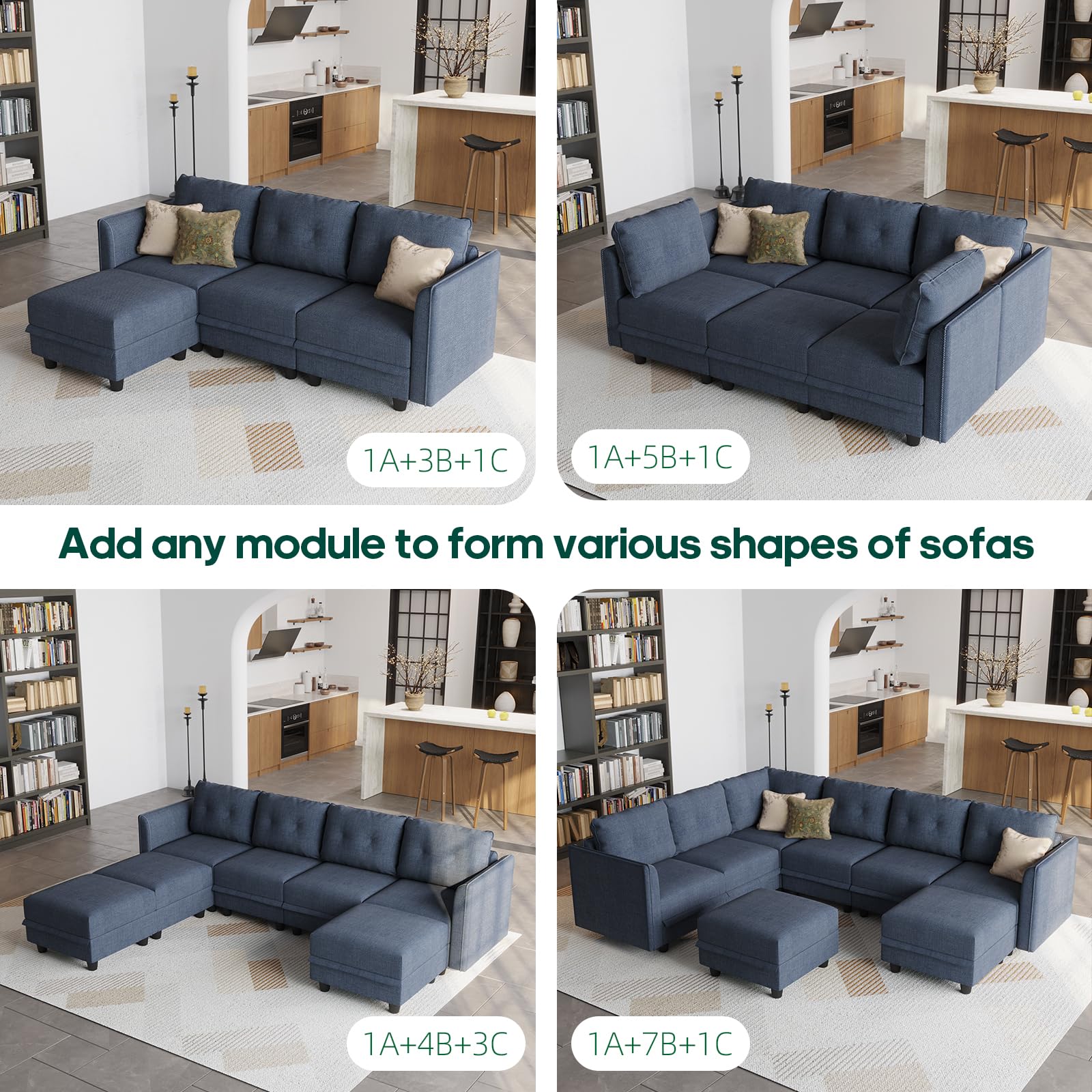 LLappuil Modular Sectional Sofa with Storage Oversized U Shaped Couch with Reversible Chaise Luxury Velvet Sofas for Living Room 9 Seats with 2 Ottomans Denim Blue