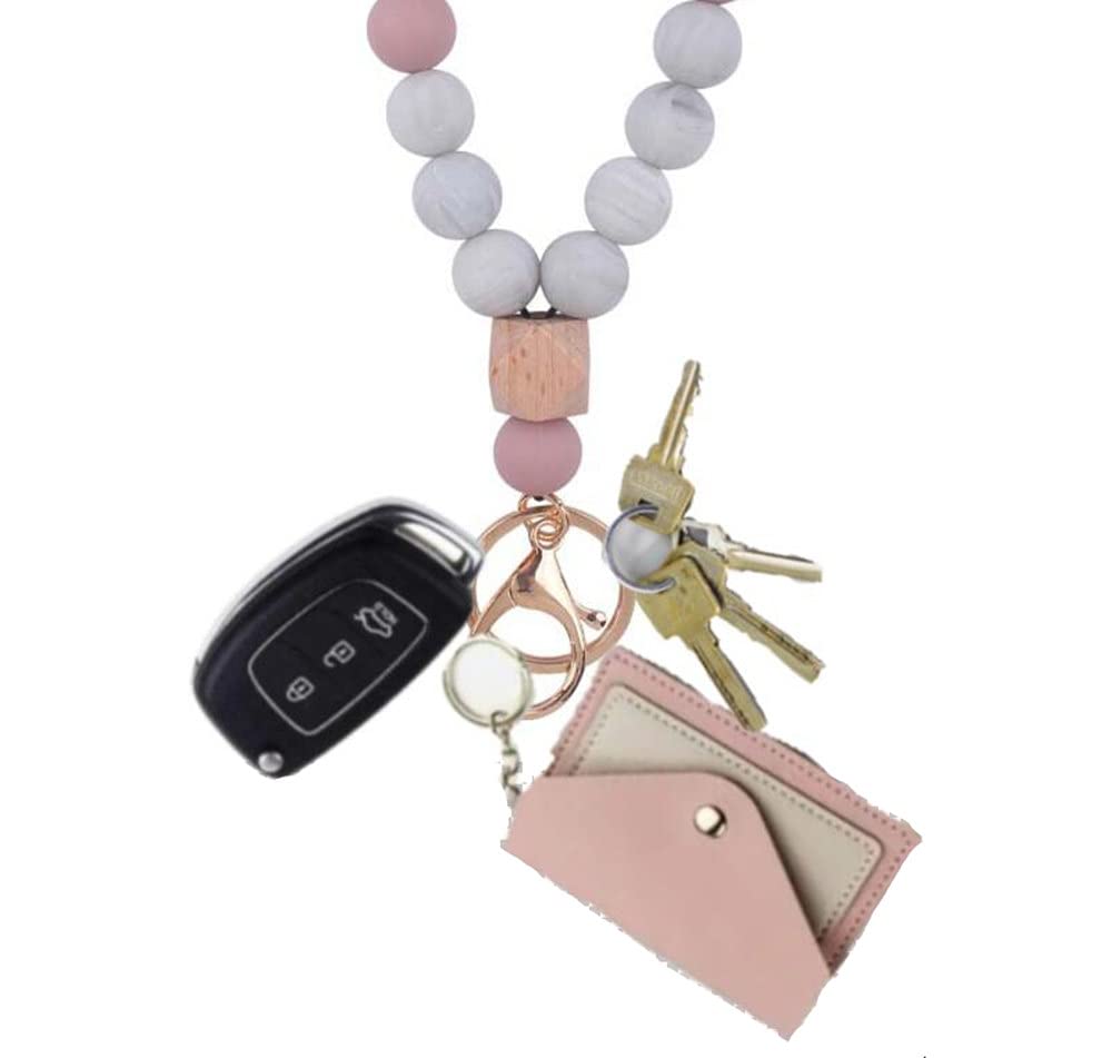 Sither Silicone Keychain Ring for Women Cute Keyring Bracelet Beaded Bangle Key Chain Car Keychain Holder for Mom Gift (pink)