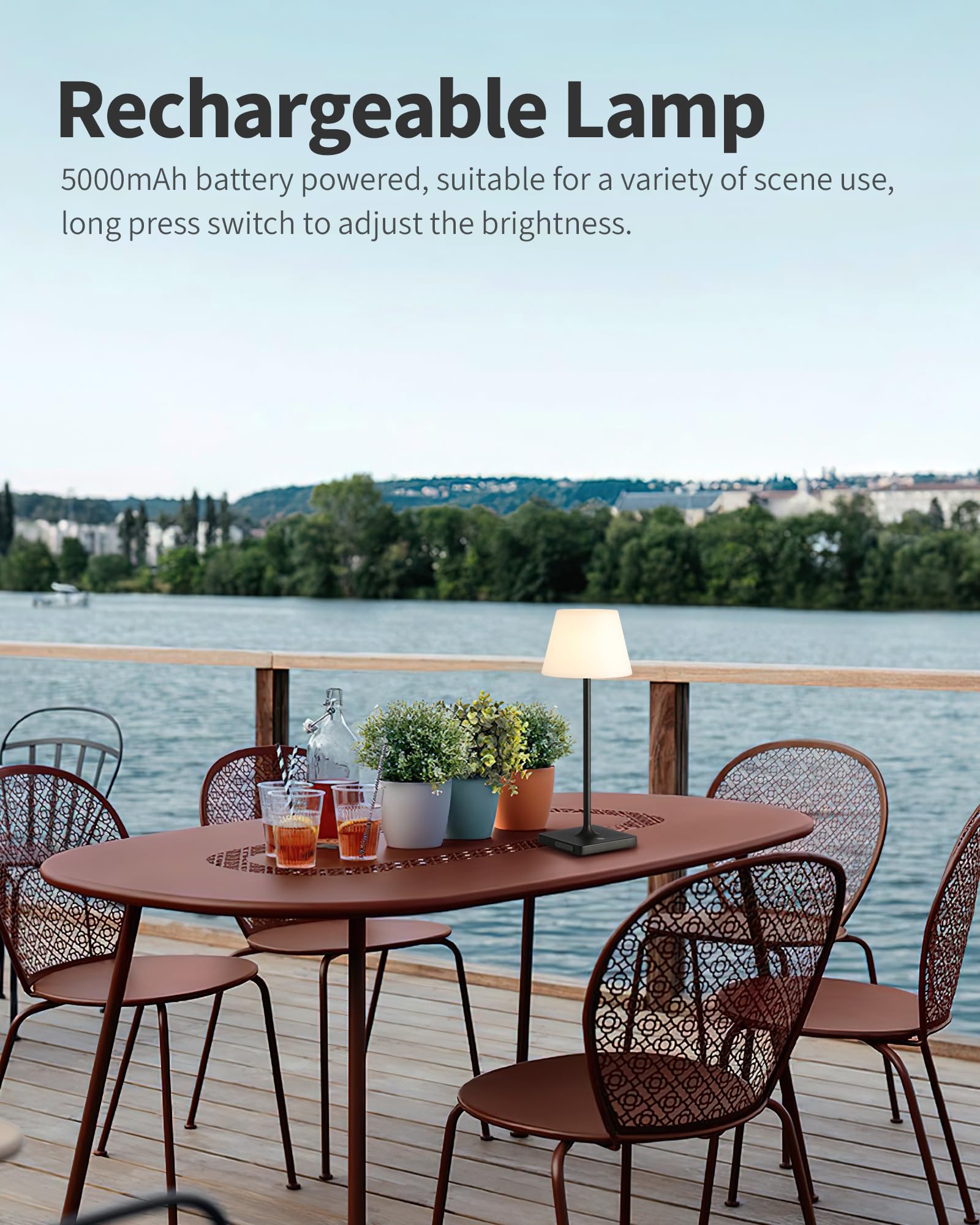 VISDANFO Outdoor Cordless Portable Table Lamp,5000mAh Rechargeable Battery Operated Dimming LED Desk Lamp,IP44 Waterproof,Modern Night Light for Camping Restaurant Bedroom Bars Home Party(Black)