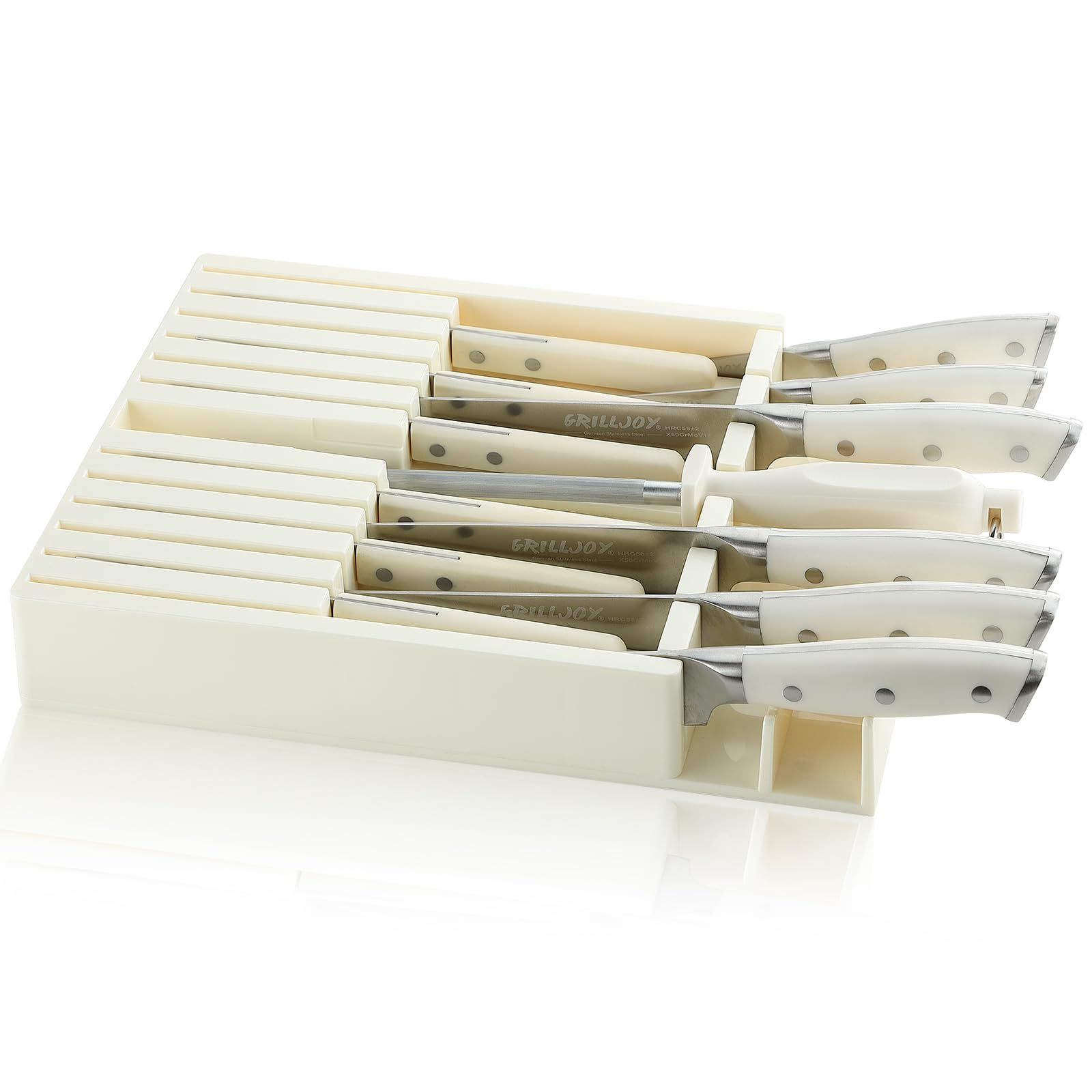 grilljoy 17PCS Premium Knife Set With In-drawer Knife Block, High Carbon Stainless Steel Cutlery Knife Block Set, Versatile Chef Knife Set for Daily Kitchen Use, White