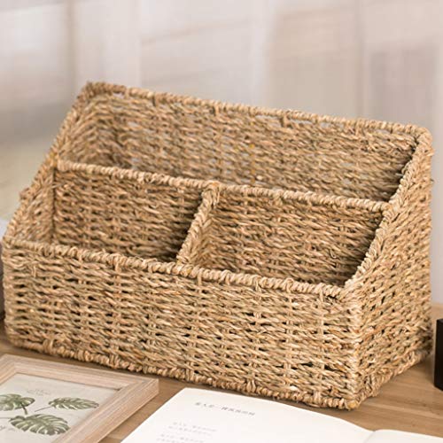 Storage Newspaper Baskets Straw Remote Control Yellow Desktop Rack Bookshelf Newspaper Rack Cosmetics Handmade Rack (Color : Yellow, Size : 30.59.518.5cm)