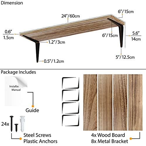Wallniture Arras Floating Shelves Wall Mounted, Wall Shelves for Bedroom Decor, Floating Book Shelves for Wall, 24" Wall Shelf for Living Room & Bathroom, Floating Shelf for Kitchen, Set of 4 Burnt