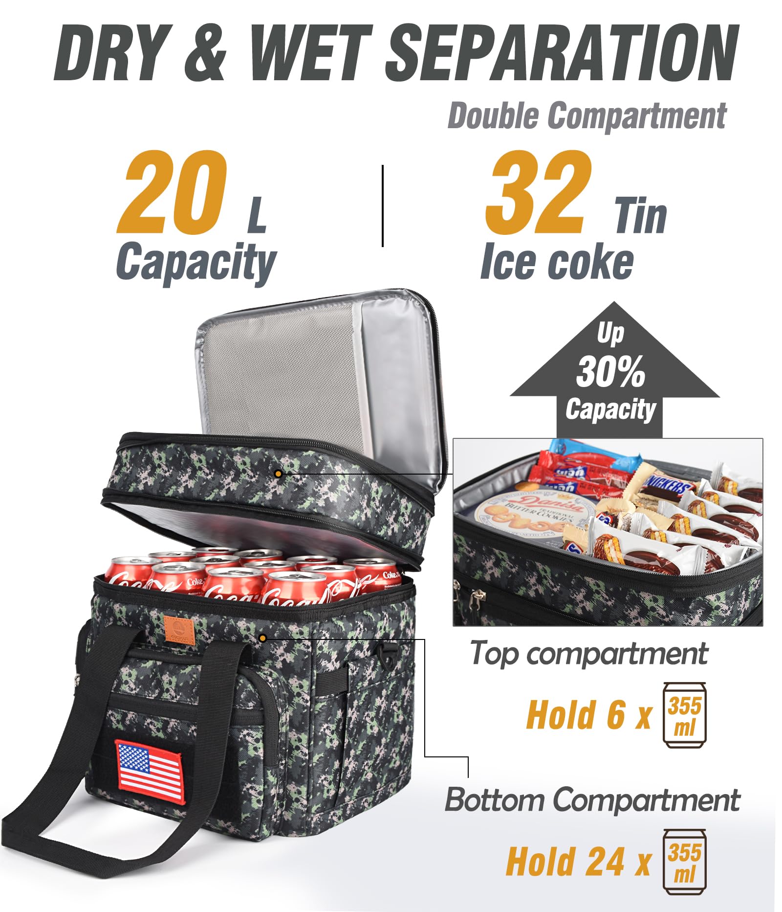 CaCTOUR Tactical Lunch Box for Men, Expandable Heavy Duty Double Deck Tactical Lunch Bag with Shoulder Strap, Leakproof & Insulated Lunch Cooler Bag for Adult Work Fishing Picnic Travel,20L,Camo-Black