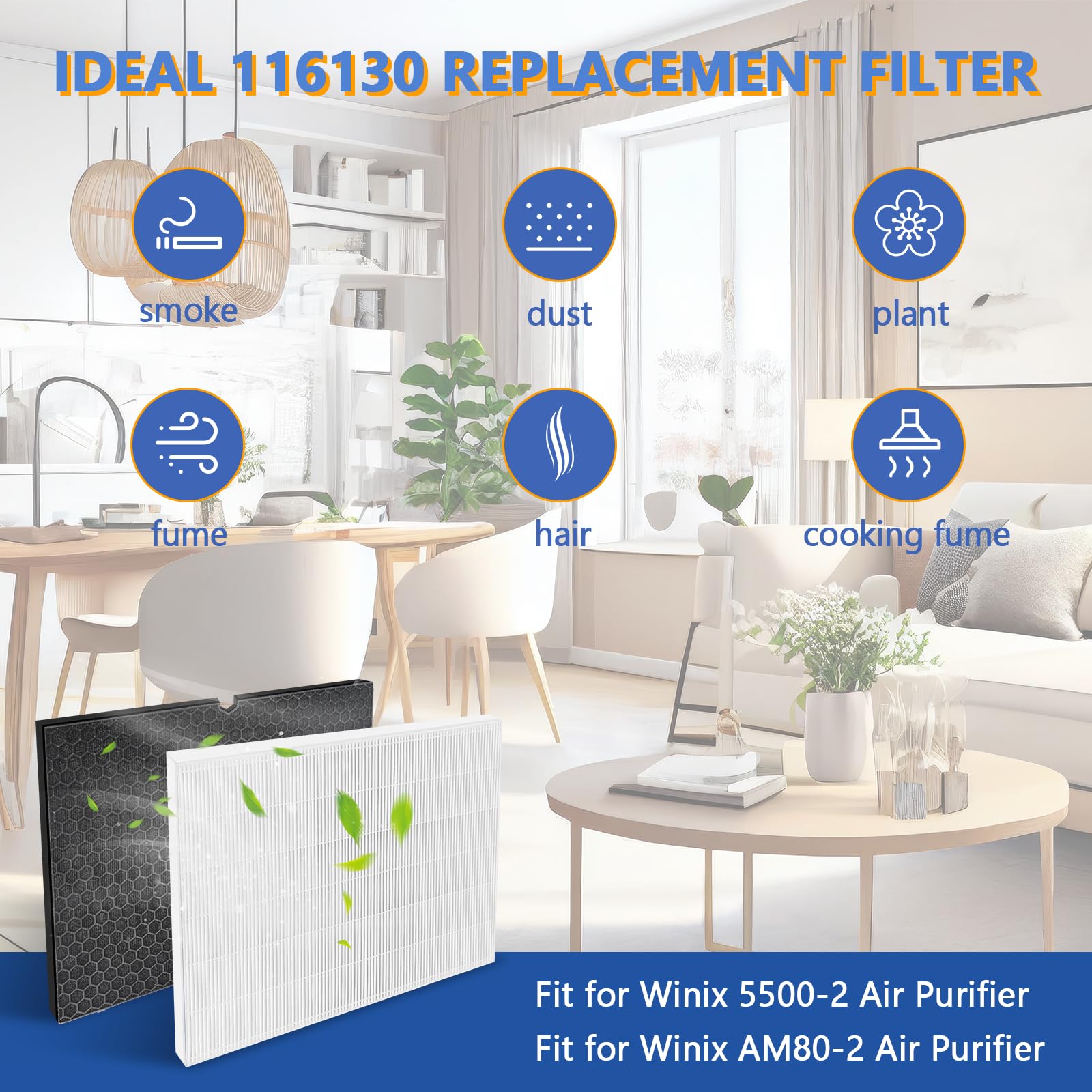 Improvedhand 116130 Filter H Replacement for Winix 5500-2 and AM80 Air Puri-fier, Include 1 Set H13 True HEPA Filter and Activated Carbon Odor Filter