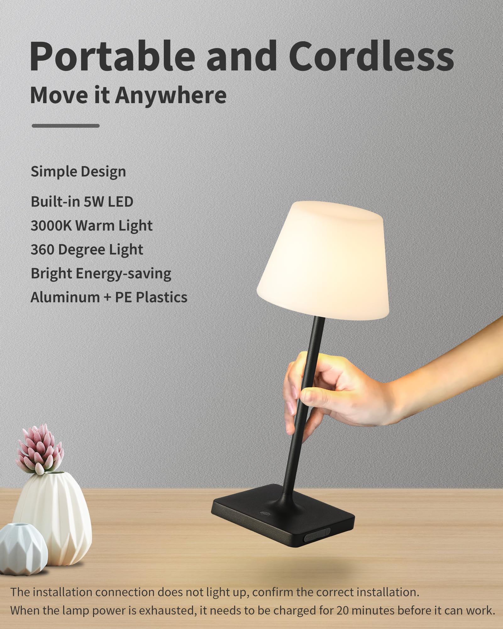 VISDANFO Outdoor Cordless Portable Table Lamp,5000mAh Rechargeable Battery Operated Dimming LED Desk Lamp,IP44 Waterproof,Modern Night Light for Camping Restaurant Bedroom Bars Home Party(Black)