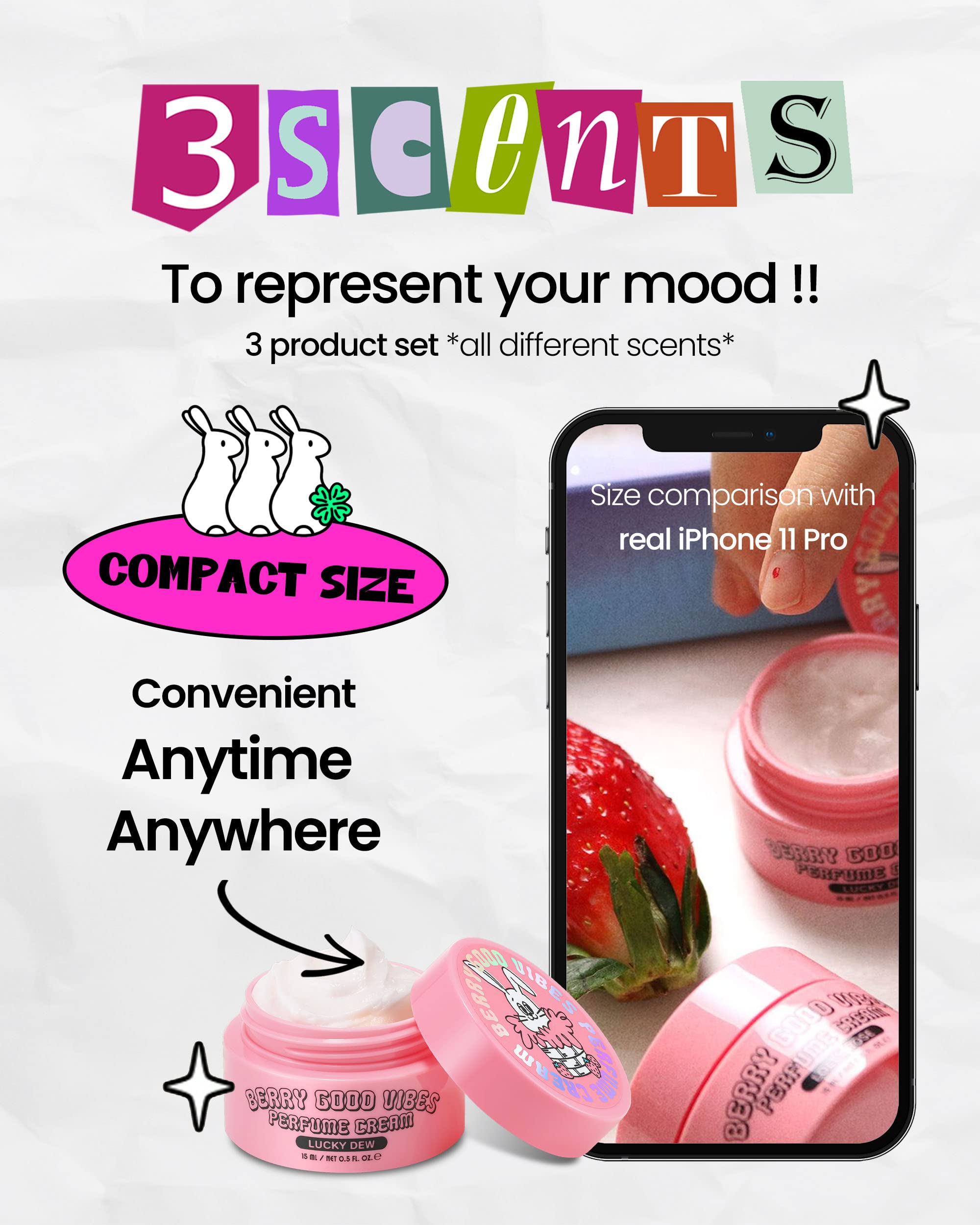 CHASIN' RABBITS Berry Good Vibes Perfume Moisturizer Face Cream | Facial Moisturizer Korean Face Cream Perfume Set | Face Moisturizer for Dry Skin Cream w/Ceramide & Strawberry Stem (0.50 oz x 3)